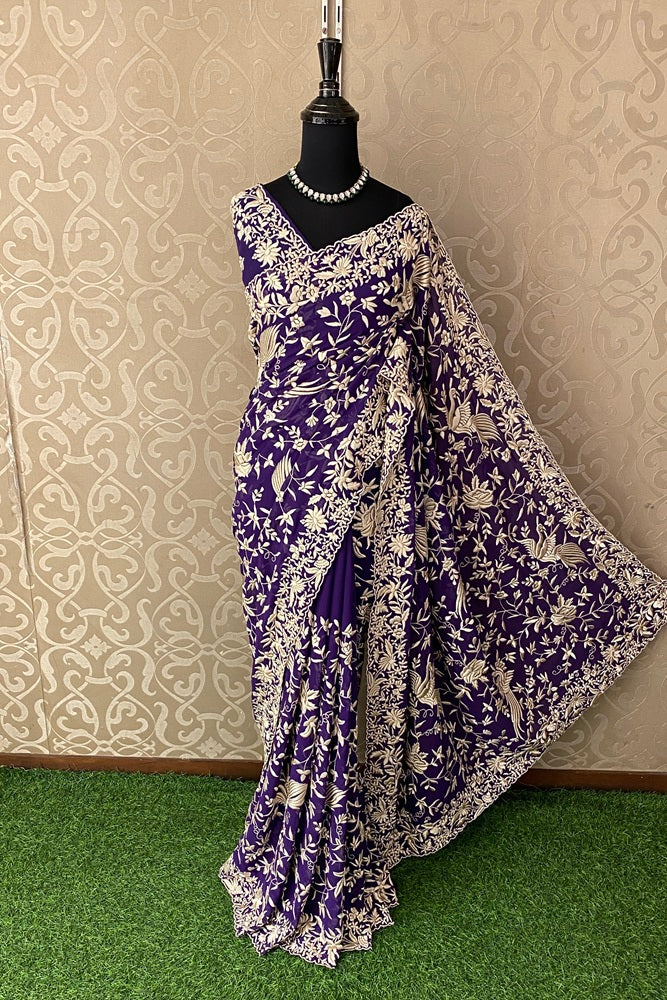 Purple Crepe Parsi Embroidery Saree, With Unstitch Blouse – Saarang Sarees