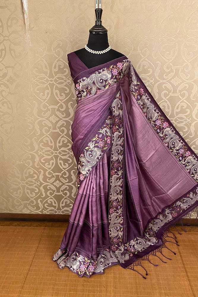 Onion Purple Tussar Embroidery Saree With Applique Work Border, With U – Saarang Sarees