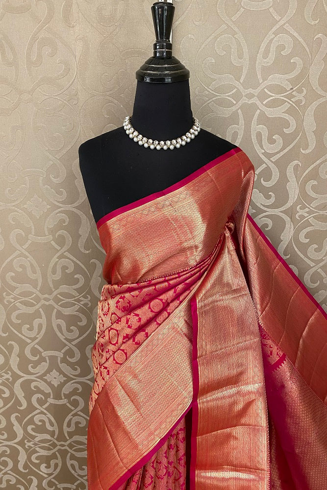 Cherry Red Colour Pure Kanjeevaram Silk Saree, With Blouse – Saarang Sarees