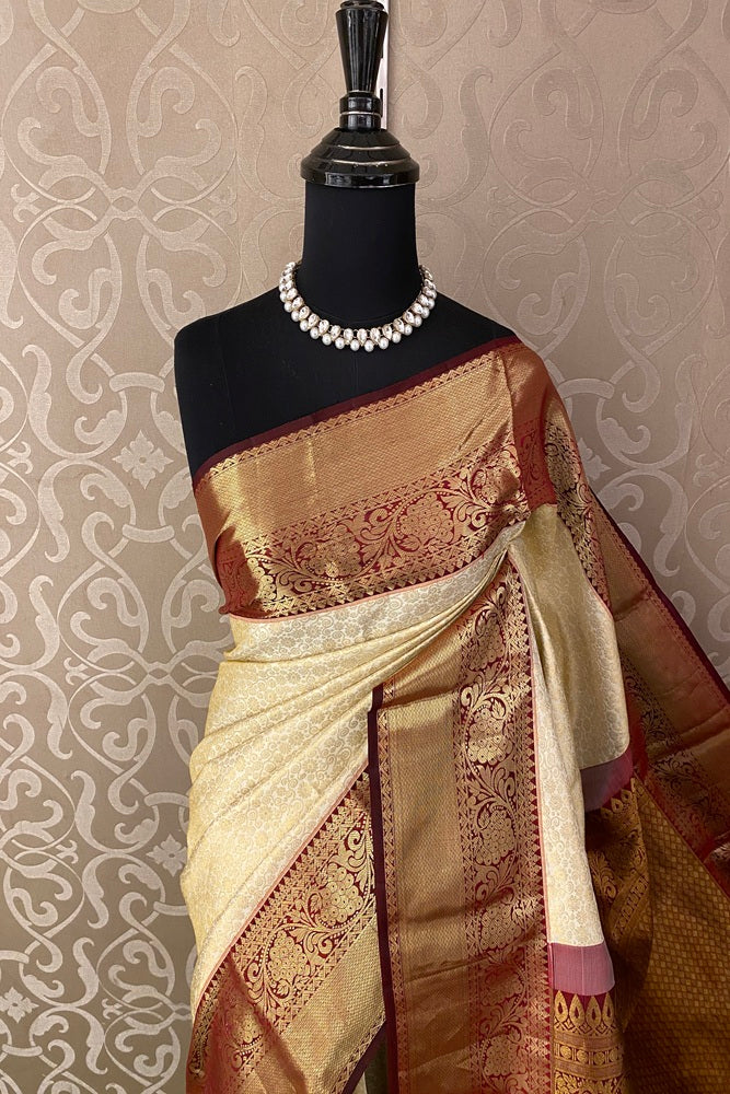 Offwhite & Maroon Colour Pure Kanjeevaram Silk Saree, With Unstich Blo ...